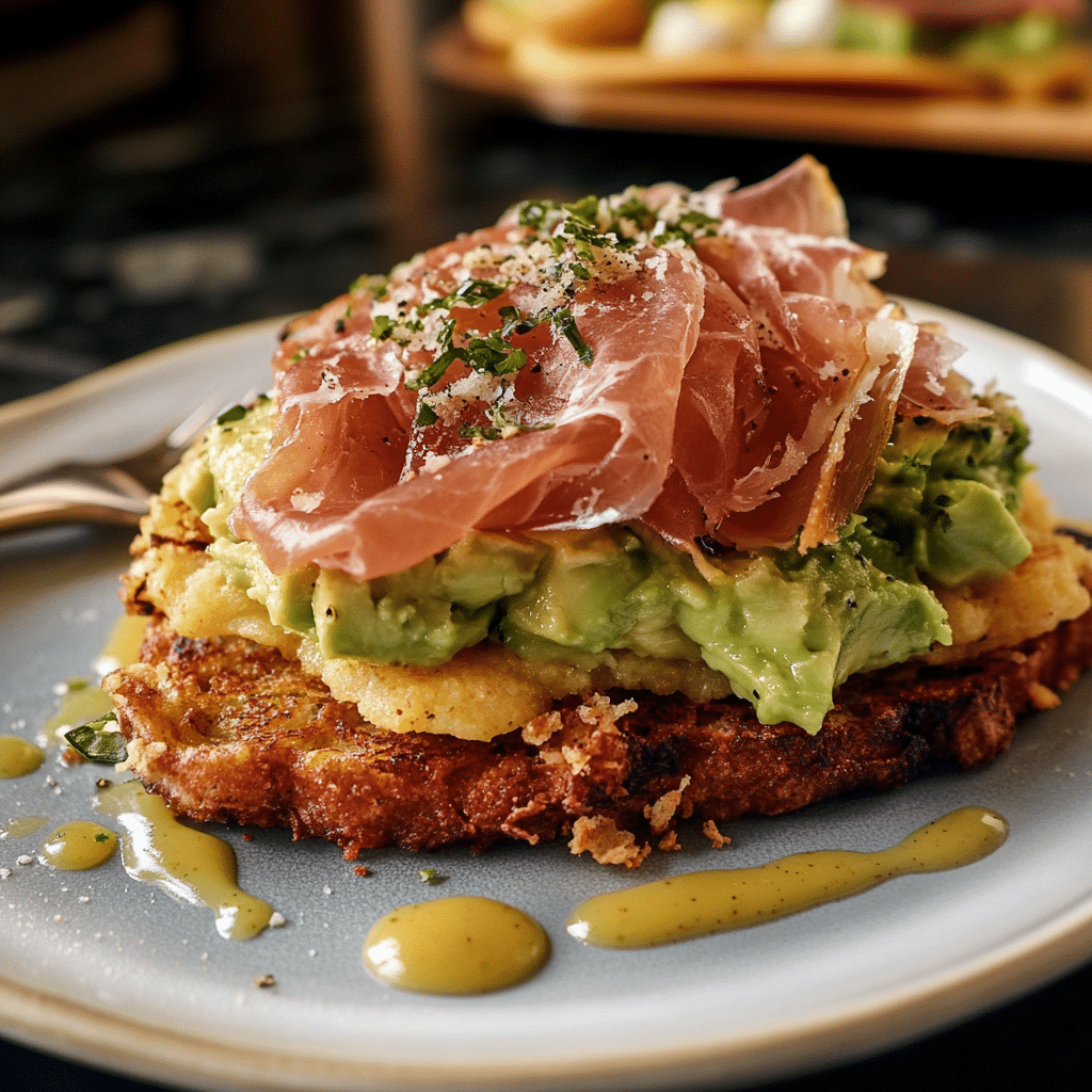 Hash Brown Avocado Toast with Prosciutto - Quicker Bites