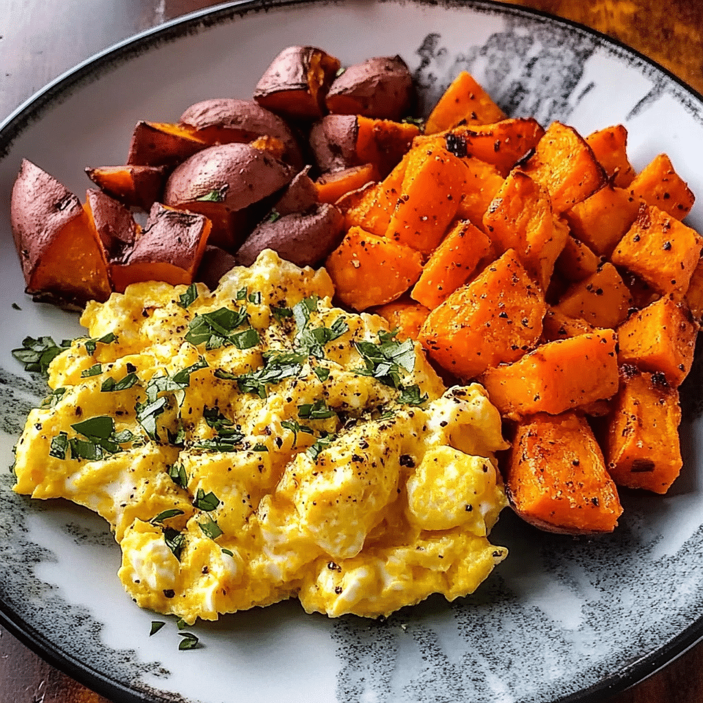 Soft Scramble and Roasted Sweet Potato Plate - Quicker Bites