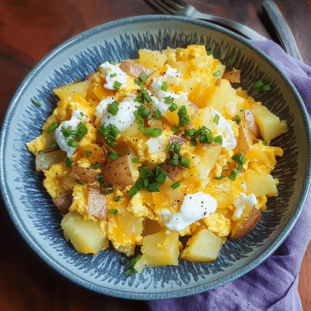 Cheesy Potato Egg Scramble - Quicker Bites