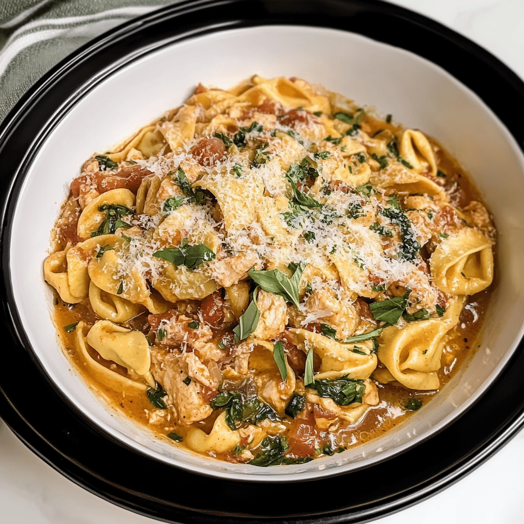 Slow Cooker Tuscan Chicken Tortellini - Quicker Bites